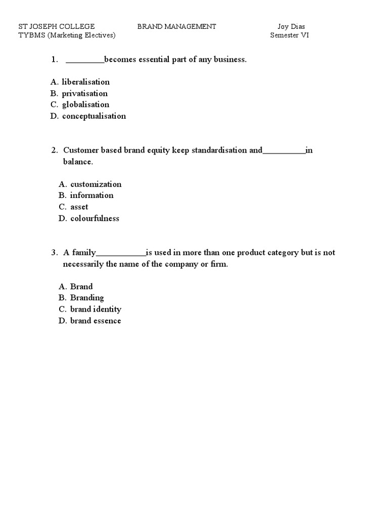 TYBMS Brand Management Quiz | PDF | Brand Management | Brand
