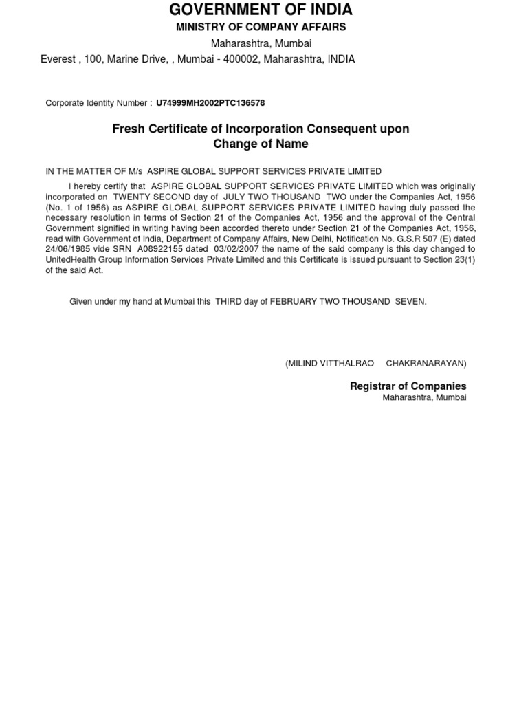 Fresh Certificate of Incorporation Consequent Upon Change of Name ...