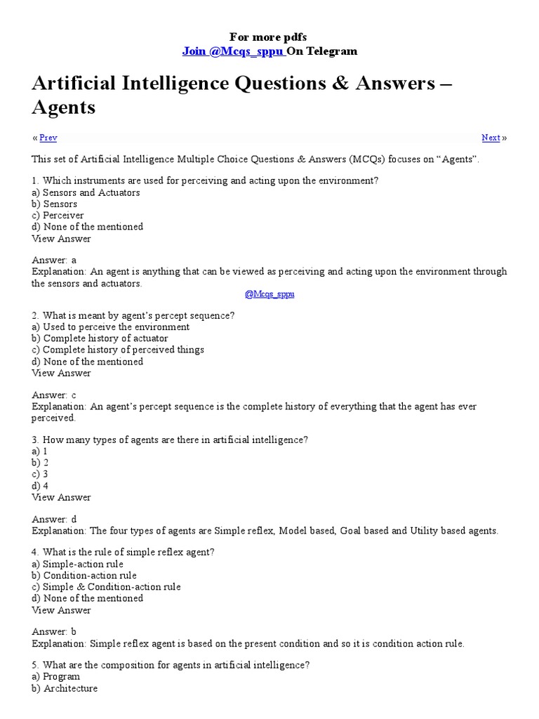 Artificial Intelligence Questions & Answers - Agents: Join @mcqs - Sppu ...