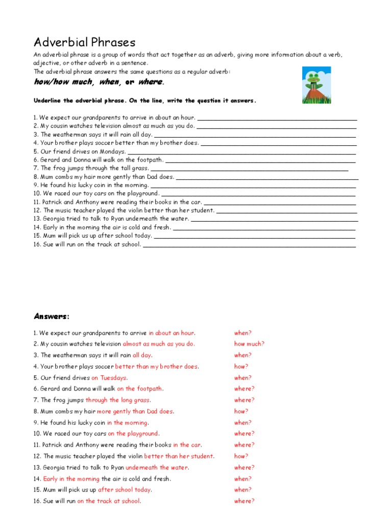 Adverbial Phrases Worksheet with Answers | PDF | Adverb | Grammar