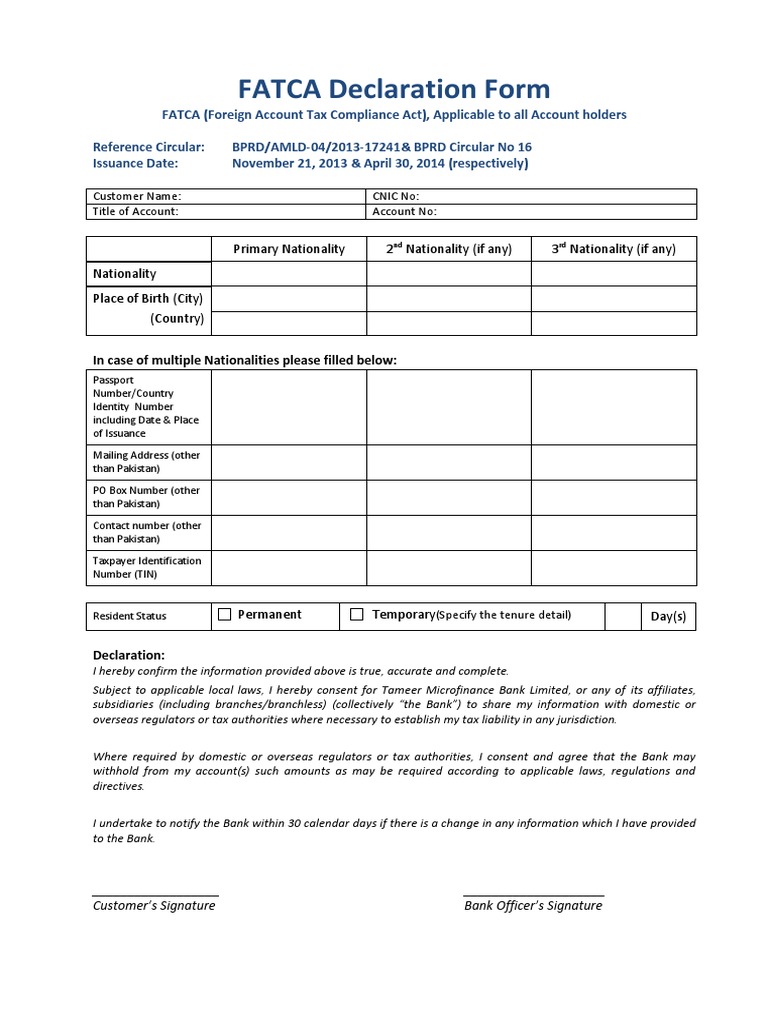 FATCA Declaration Form for Account Holders | PDF | Finance & Money ...