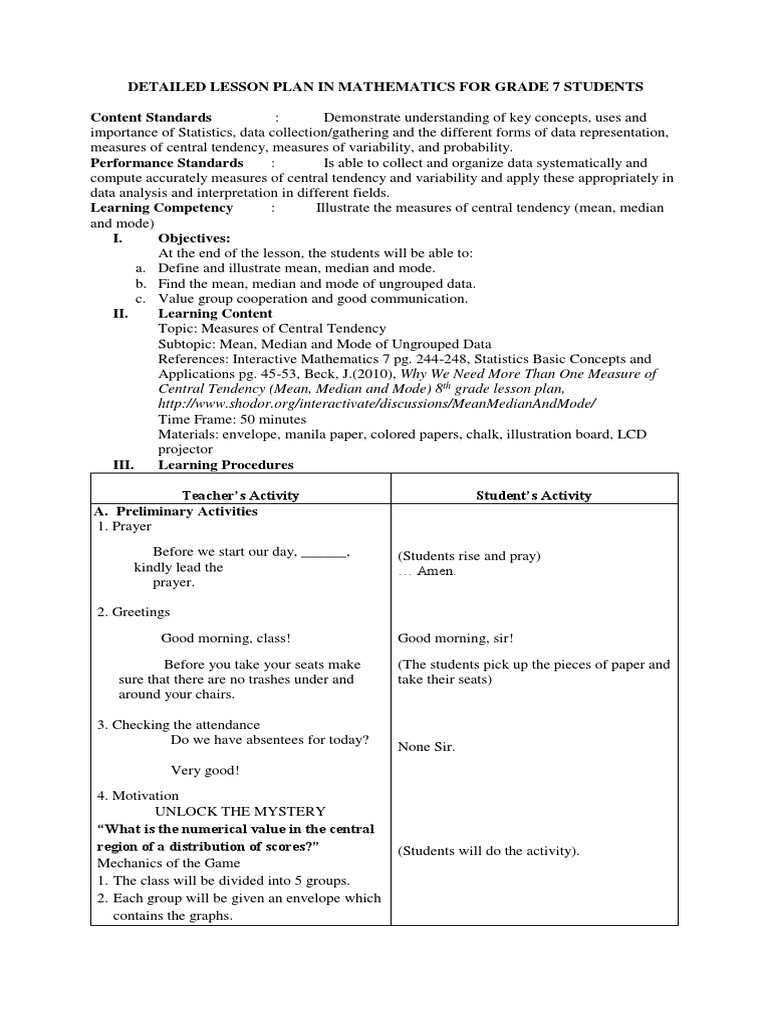Detailed Lesson Plan in Mathematics For Grade 7 Students | PDF ...