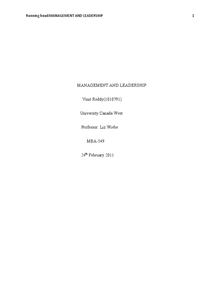 Management and Leadership Vinit Reddy (1010791) University Canada West ...