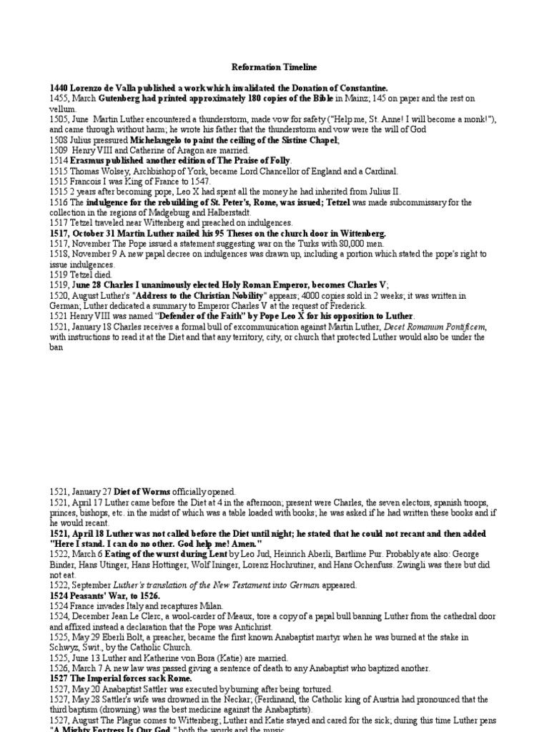 Reformation Timeline 1440 Lorenzo de Valla Published A Work Which ...