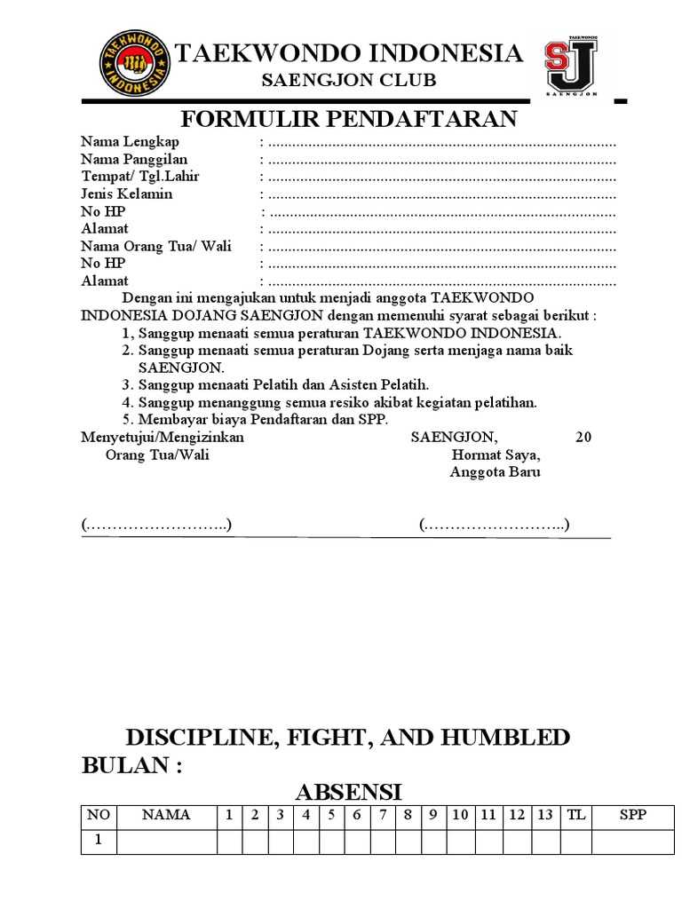 Formulir Pendaftaran Taekwondo Saengjon | PDF