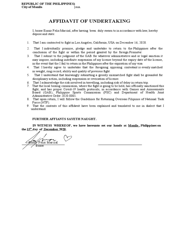 Affidavit of Undertaking - With IATF Provisions (Eumir) | PDF