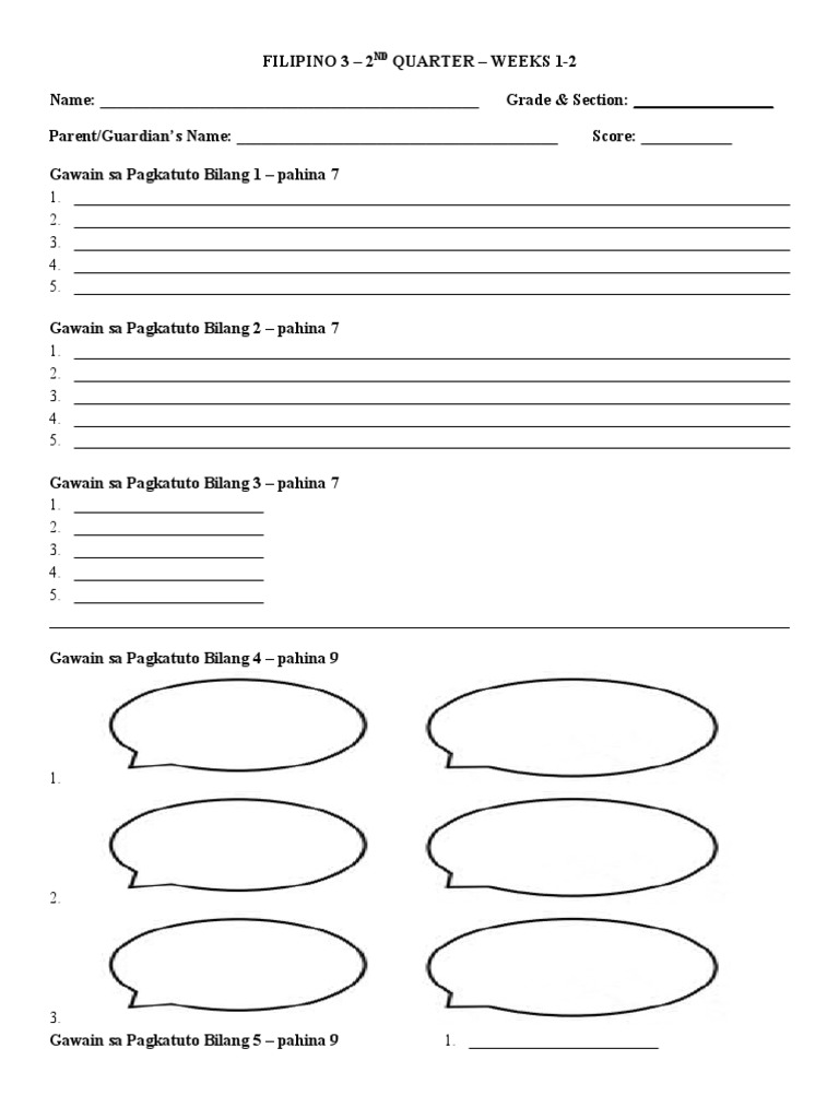 Grade 3 - Answer - Sheet - Q2 - Filipino - Week1 | PDF