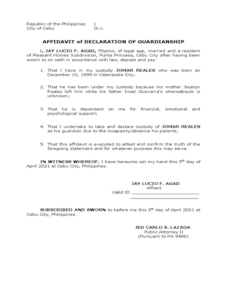 Affidavit of Declaration of Guardianship - AGAD | PDF