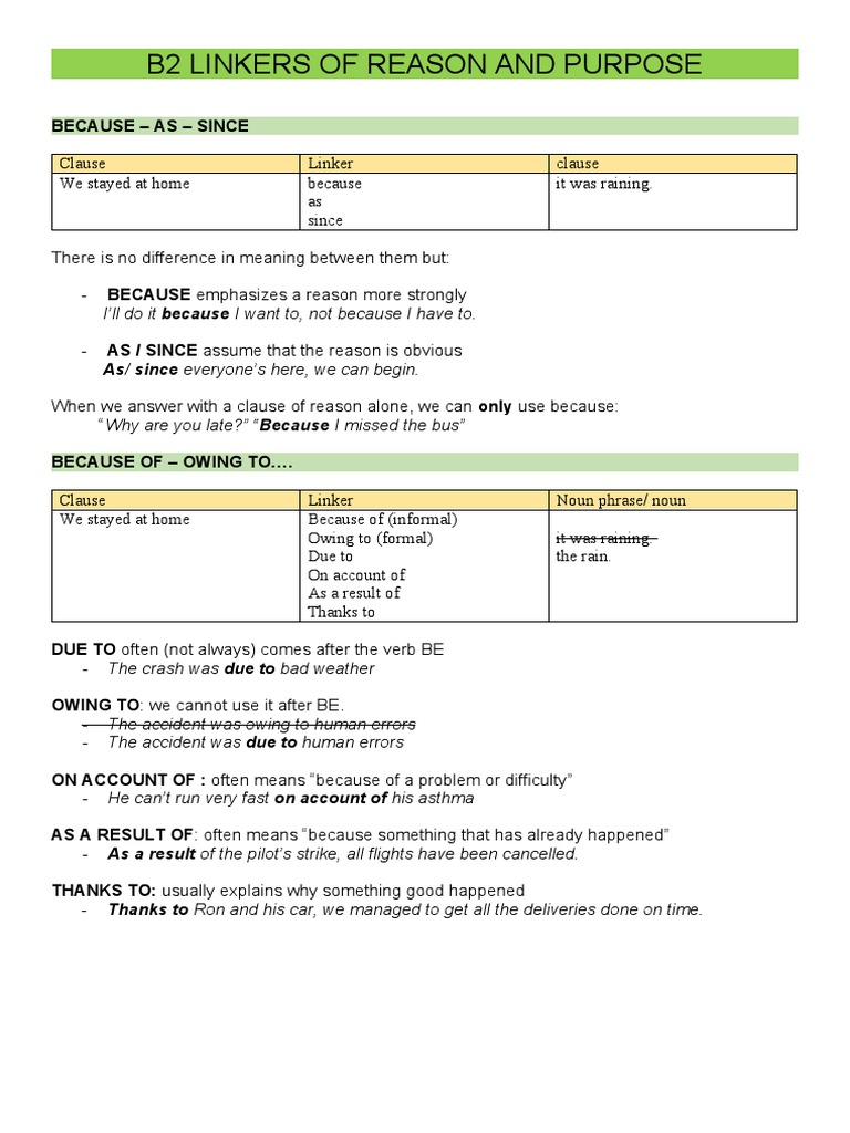 b2 Linkers of Reason and Purpose | PDF | Clause | Grammar