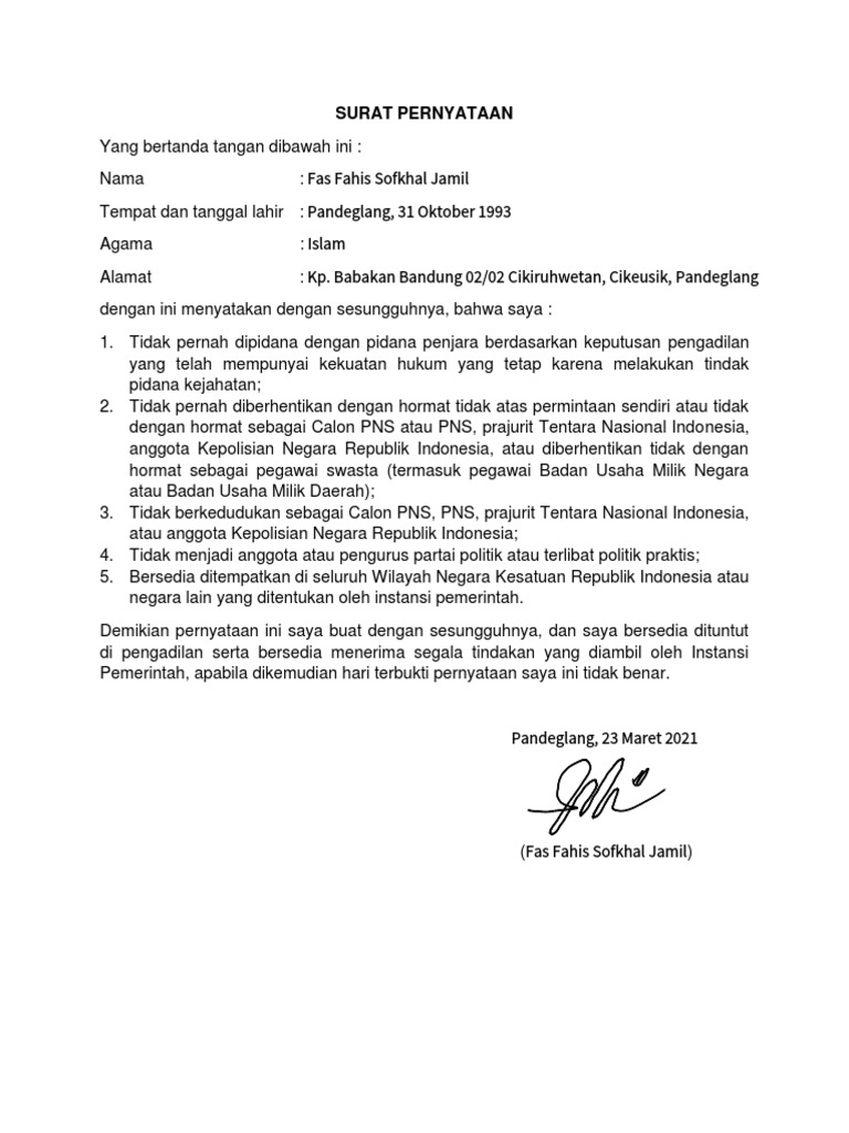Surat Pernyataan 5 Poin CPNS 2018 | PDF