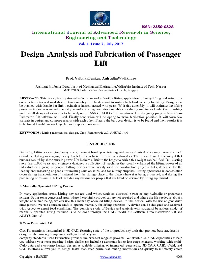 Design, Analysis and Fabrication of Passenger Lift | PDF | Elevator ...