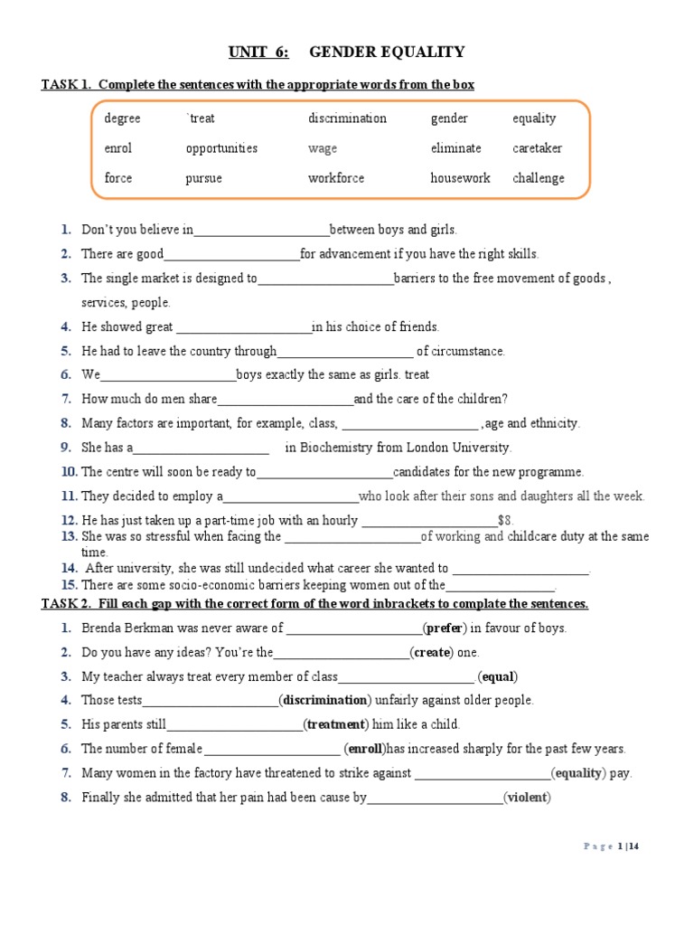 Unit 6: Gender Equality: TASK 1. Complete The Sentences With The ...