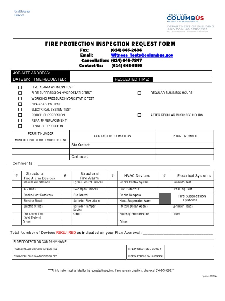 Fire Protection Inspection Request Form | PDF | Fire Sprinkler System ...