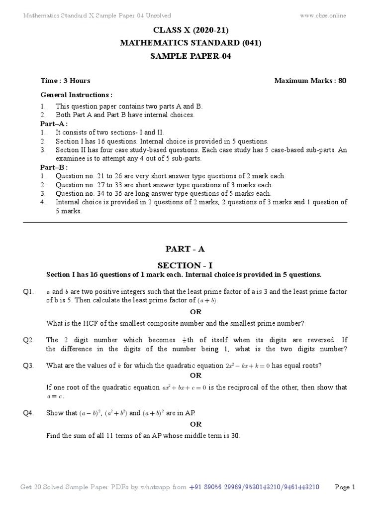 CLASS X (2020-21) Mathematics Standard (041) Sample Paper-04 | PDF ...