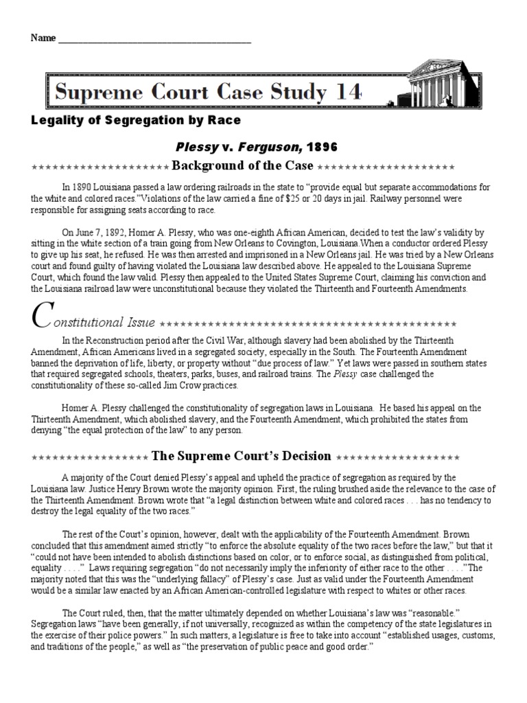 Plessy V Ferguson Case Study | PDF | Plessy V. Ferguson | Litigation