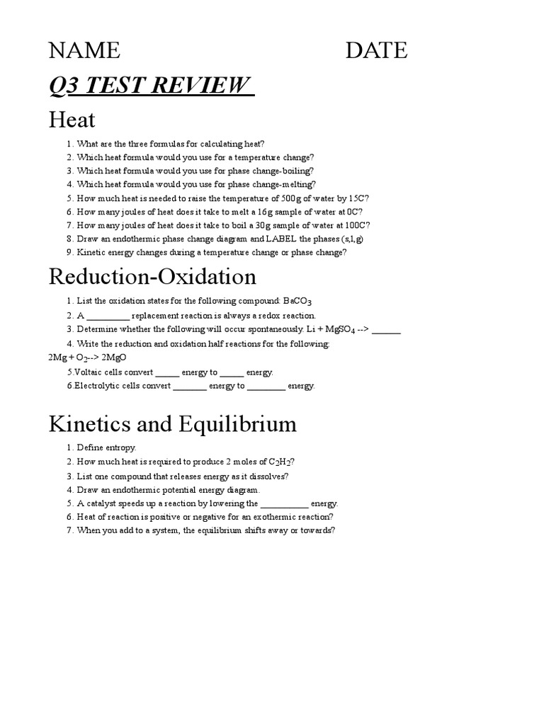 Reviewing Key Concepts in Thermochemistry, Redox Reactions, and ...