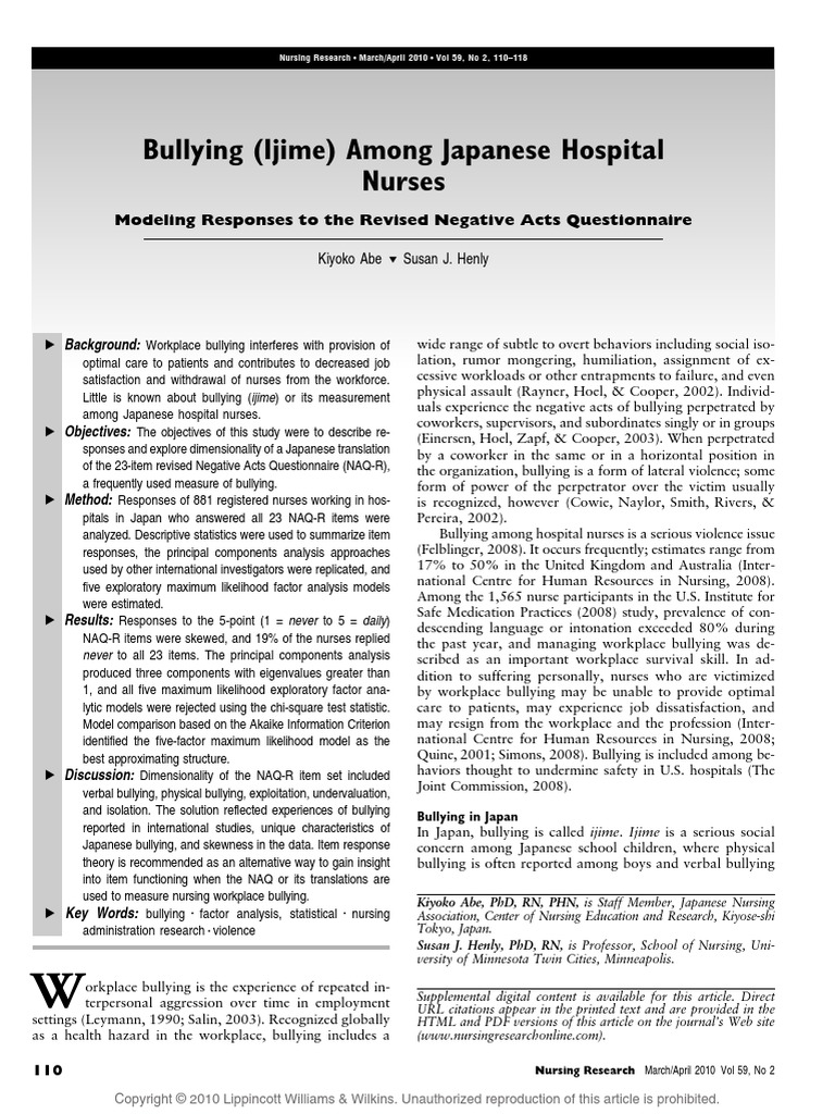 Bullying (Ijime) Among Japanese Hospital Nurses | PDF | Workplace Bullying | Factor Analysis