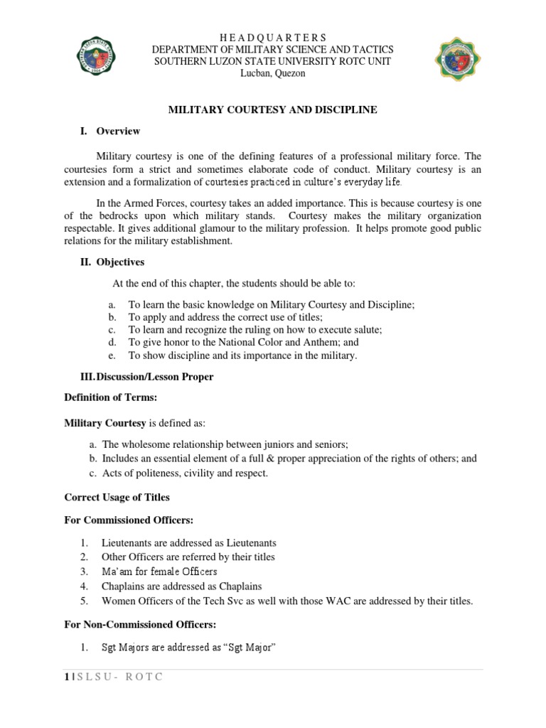 Military Courtesy and Discipline I. Overview | PDF | Military | Sergeant