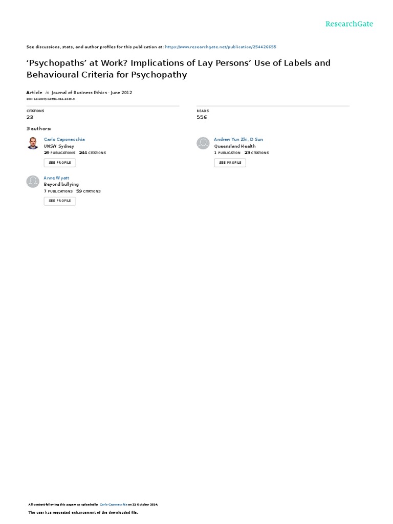 Psychopaths' at Work? Implications of Lay Persons' Use of Labels and ...