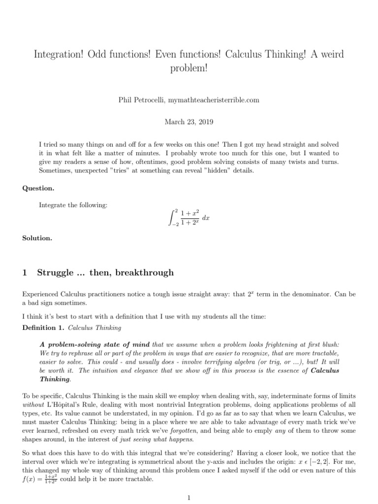 Integration! Odd Functions! Even Functions! Calculus Thinking! A Weird Problem! | PDF ...