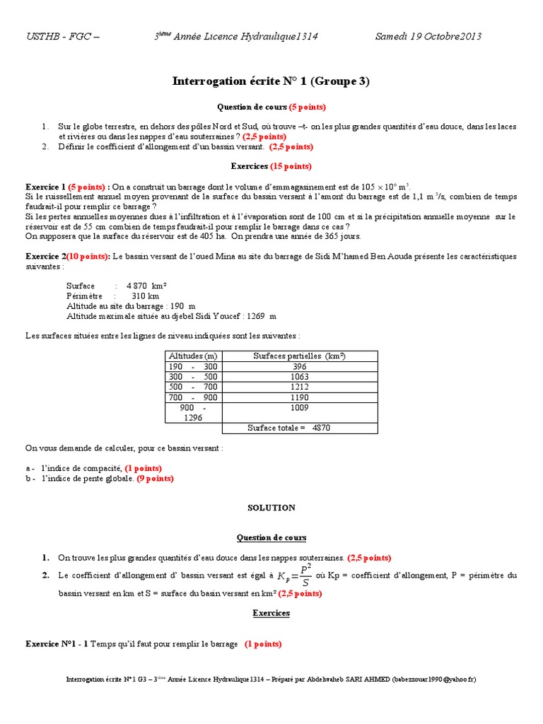 Interrogation Écrite N°1 G3 - 1314 | Download grátis PDF | Étendue d'eau | Eau et politique