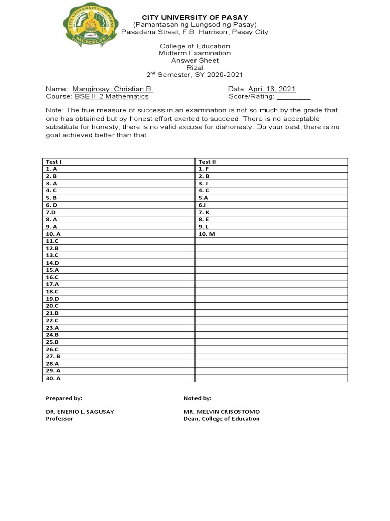 Answer Sheet Midterm Exam Rizal 2nd Sem SY 2020 21 CUP | PDF