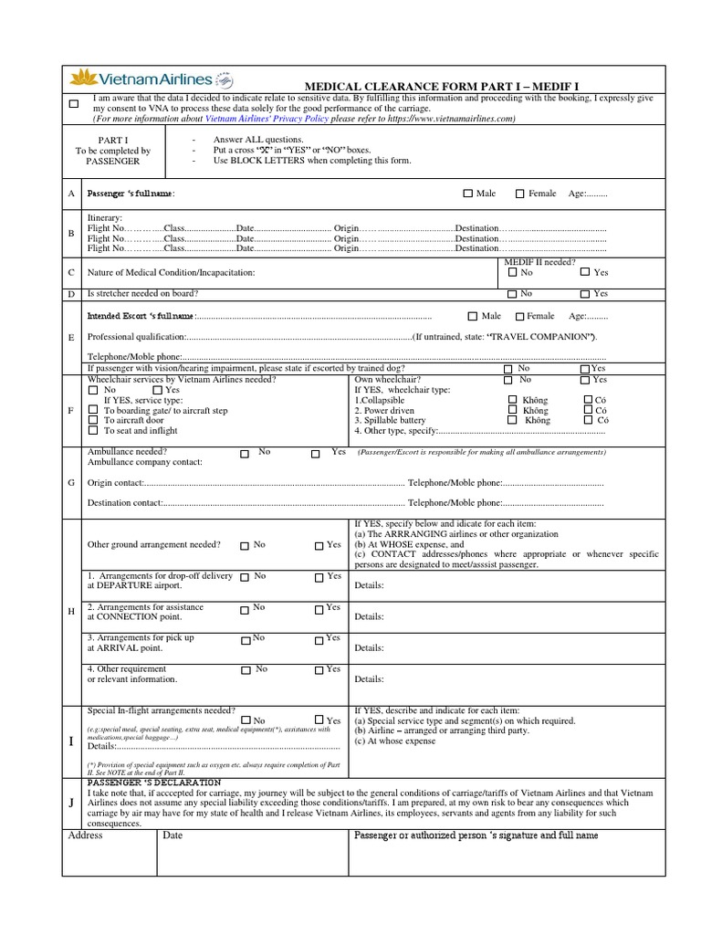 Medical Clearance Form Part I - Medif I: (For More Information About ...