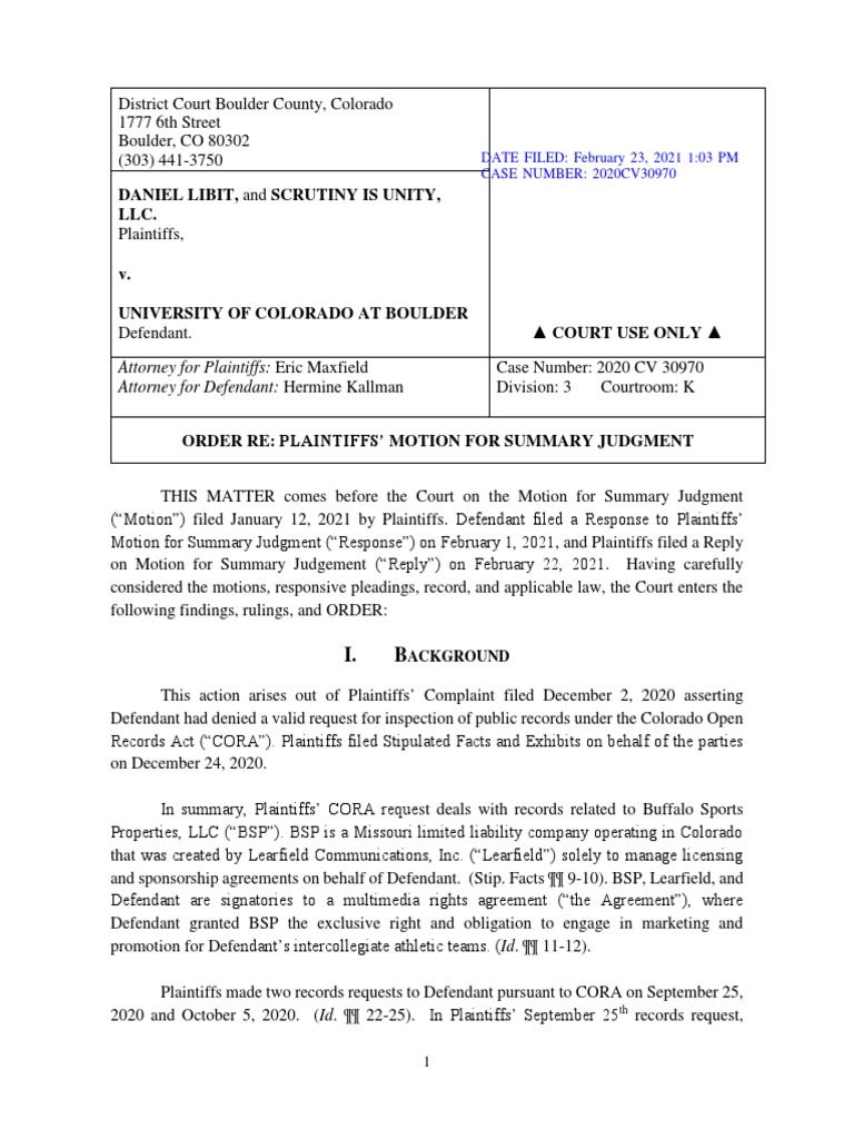 Daniel Libit v. University of Colorado Order | PDF | Summary Judgment ...