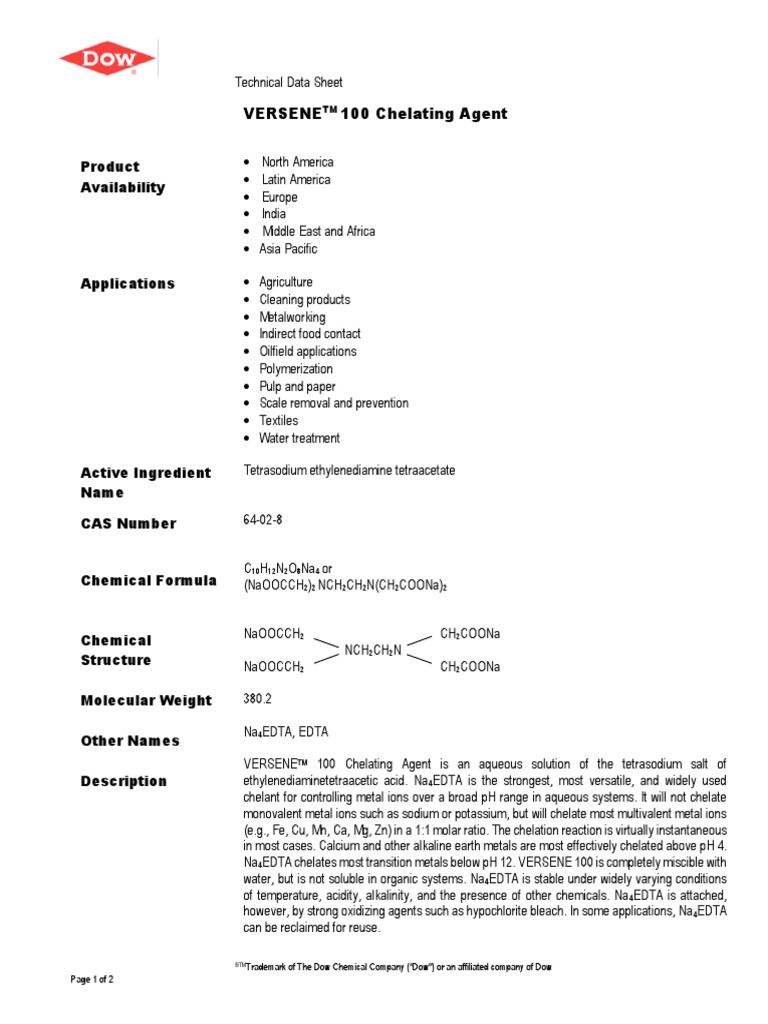 Agente Quelante Versene 100 | PDF | Ethylenediaminetetraacetic Acid ...