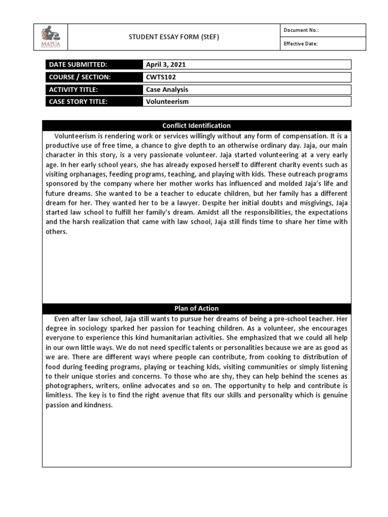 Case Analysis Volunteerism Recto | PDF | Volunteering | Human Nature