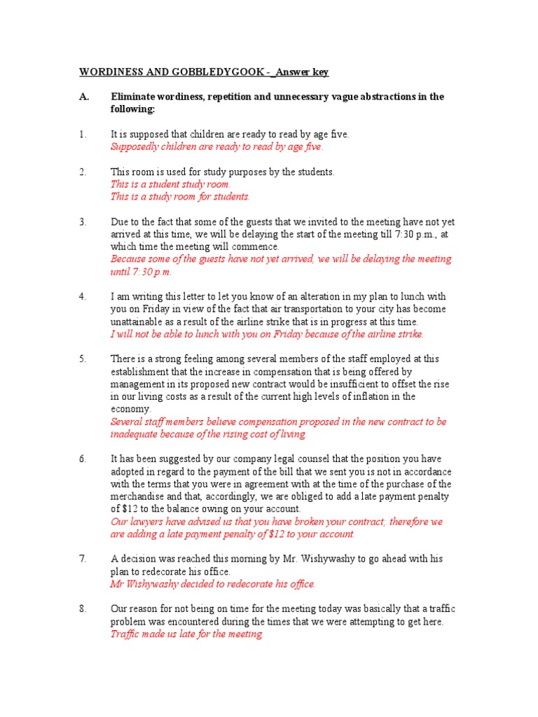 WORDINESS AND GOBBLEDYGOOK Exercises Answer Key | PDF | Sentence ...