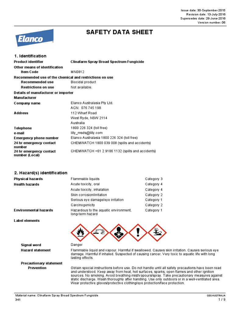 Hoja de Seguridad Clinafarm - Spray - SDS - Ingles | PDF | Toxicity ...