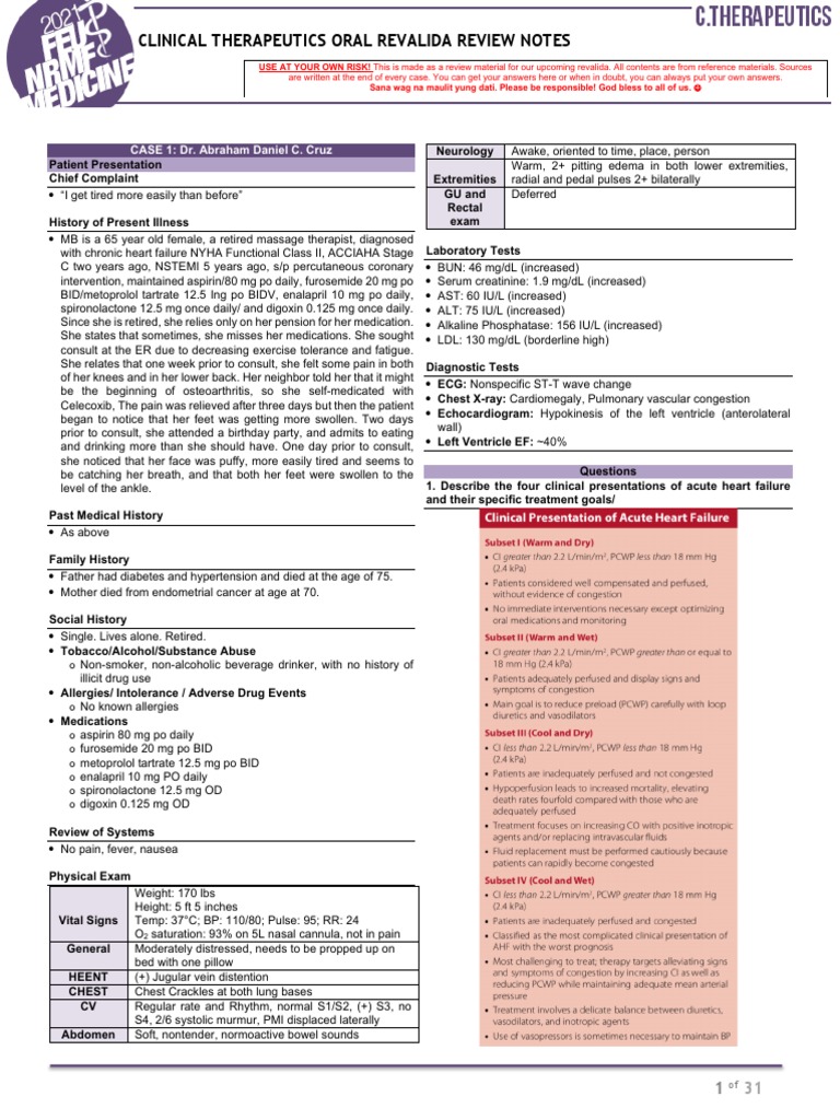 Clinical Therapeutics Oral Revalida Review Notes: CASE 1: Dr. Abraham ...