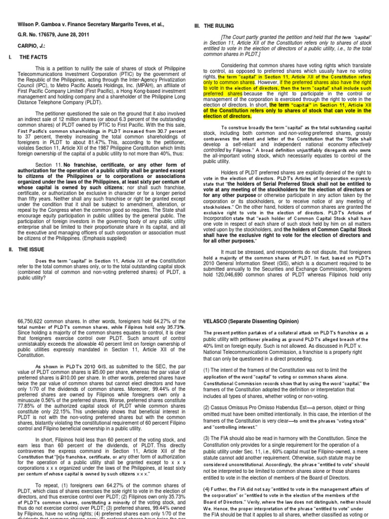 Case Digest Gamboa Vs Teves | PDF | Common Stock | Preferred Stock