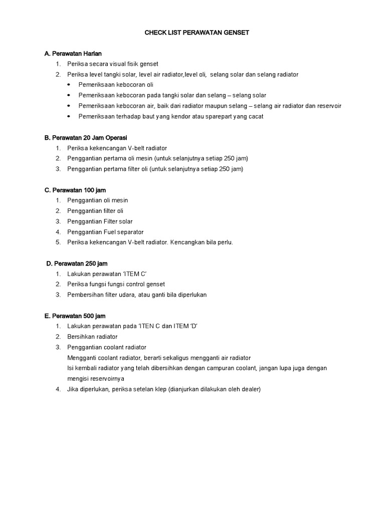 Checklist Maintenance Genset | PDF