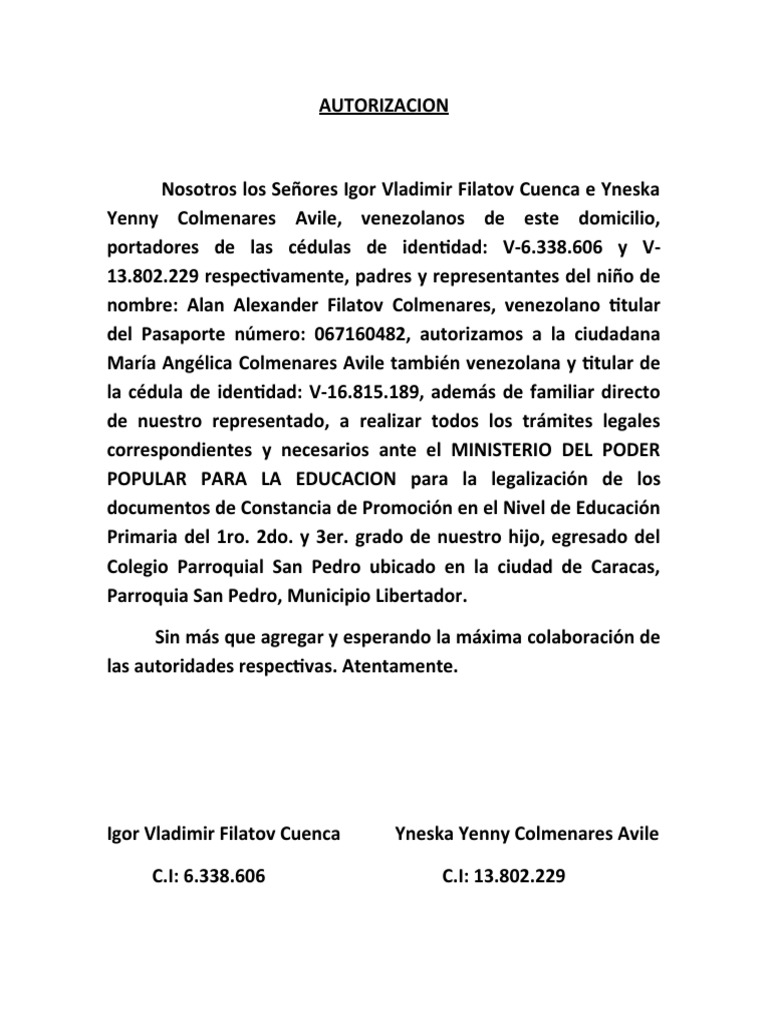 AUTORIZACION Igor Filatov | PDF