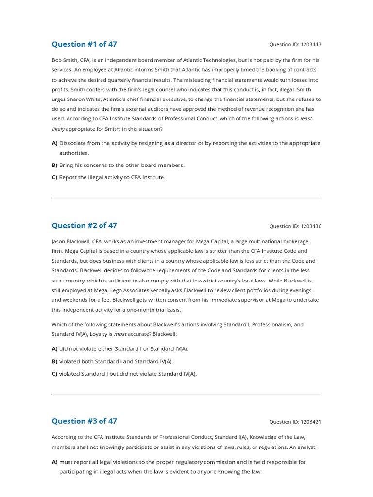 Question #1 of 47: Authorities | PDF | Insider Trading | Financial Analyst