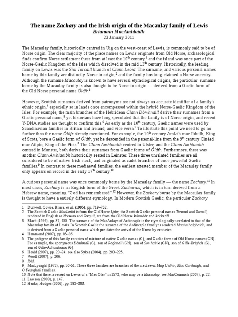 The Name Zachary and The Irish Origin of The Macaulay Family of Lewis ...