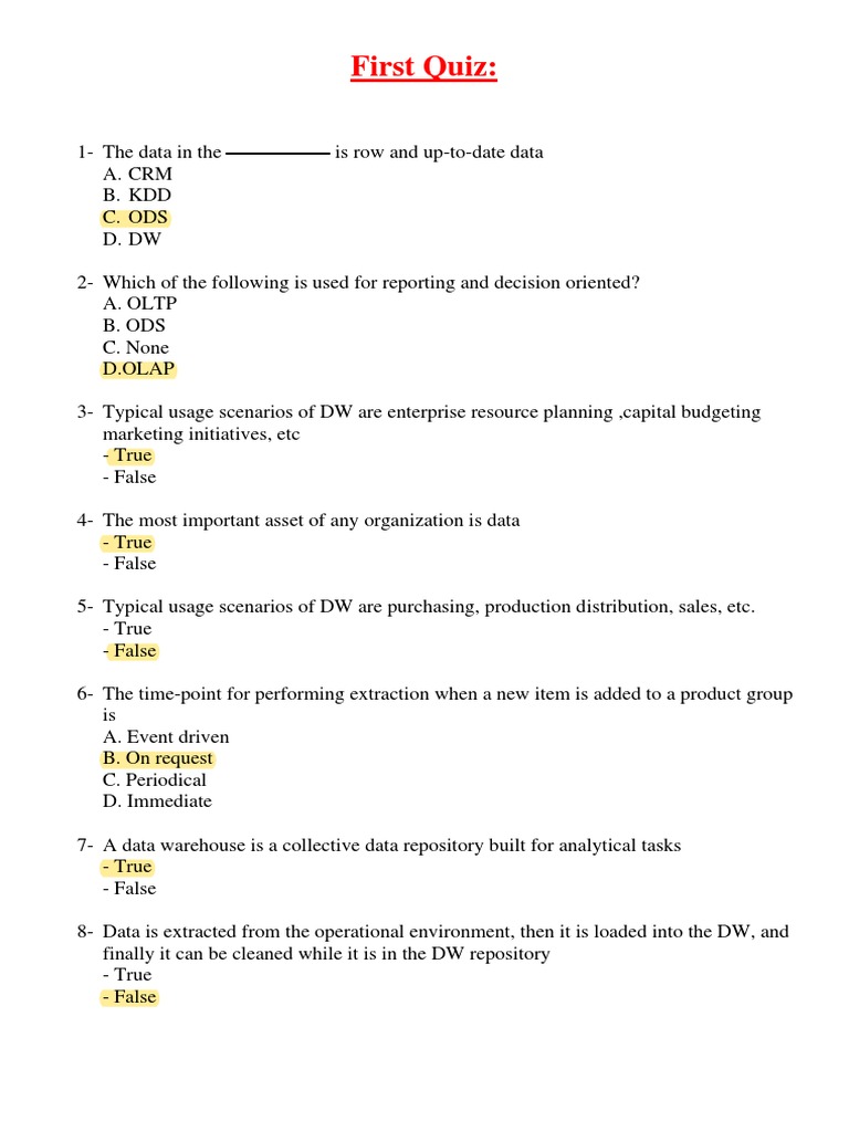 Data Warehouse Quiz Questions and Answers | PDF | Data Warehouse | Data ...