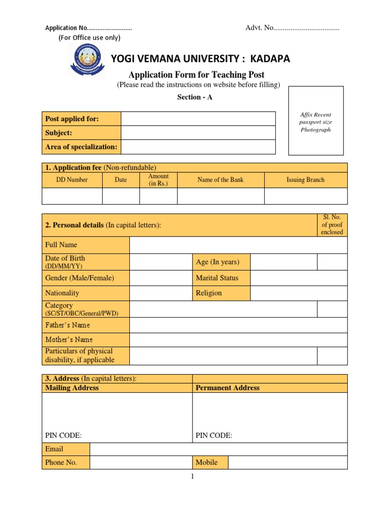 Yogi Vemana University: Kadapa: Application Form For Teaching Post ...