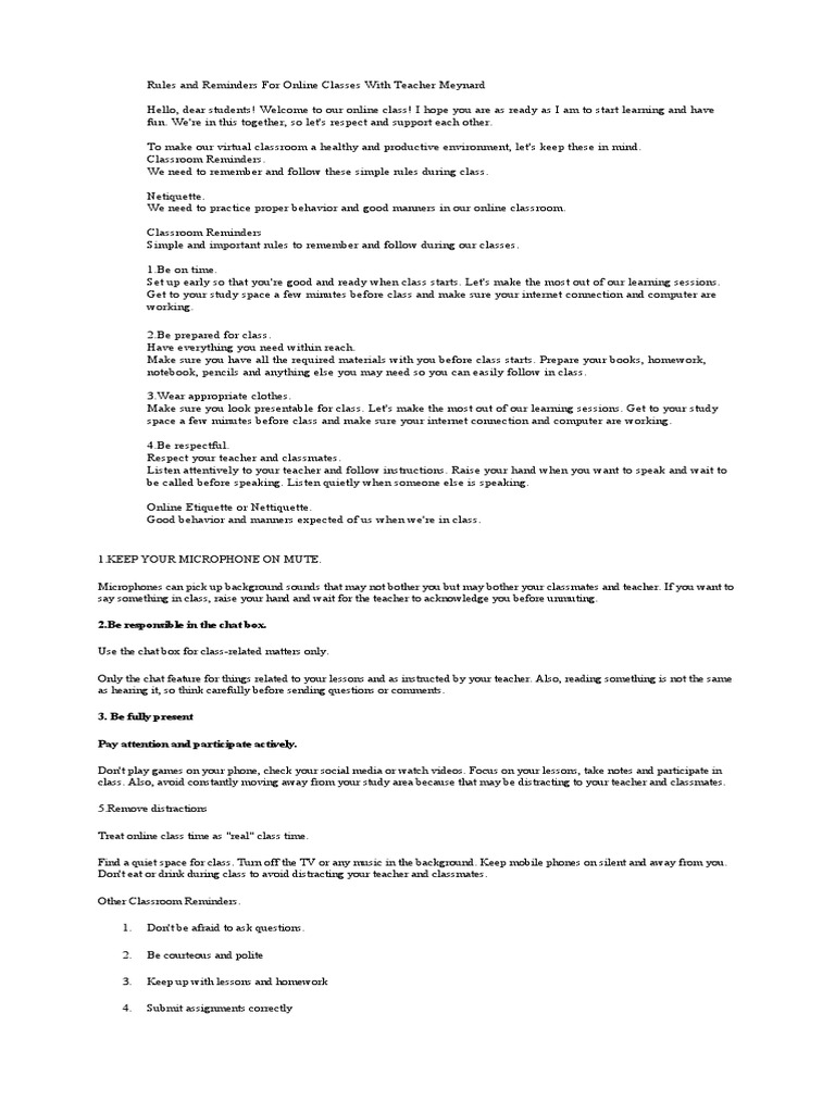 Rules and Reminders For Online Classes With Teacher Meynard | PDF ...