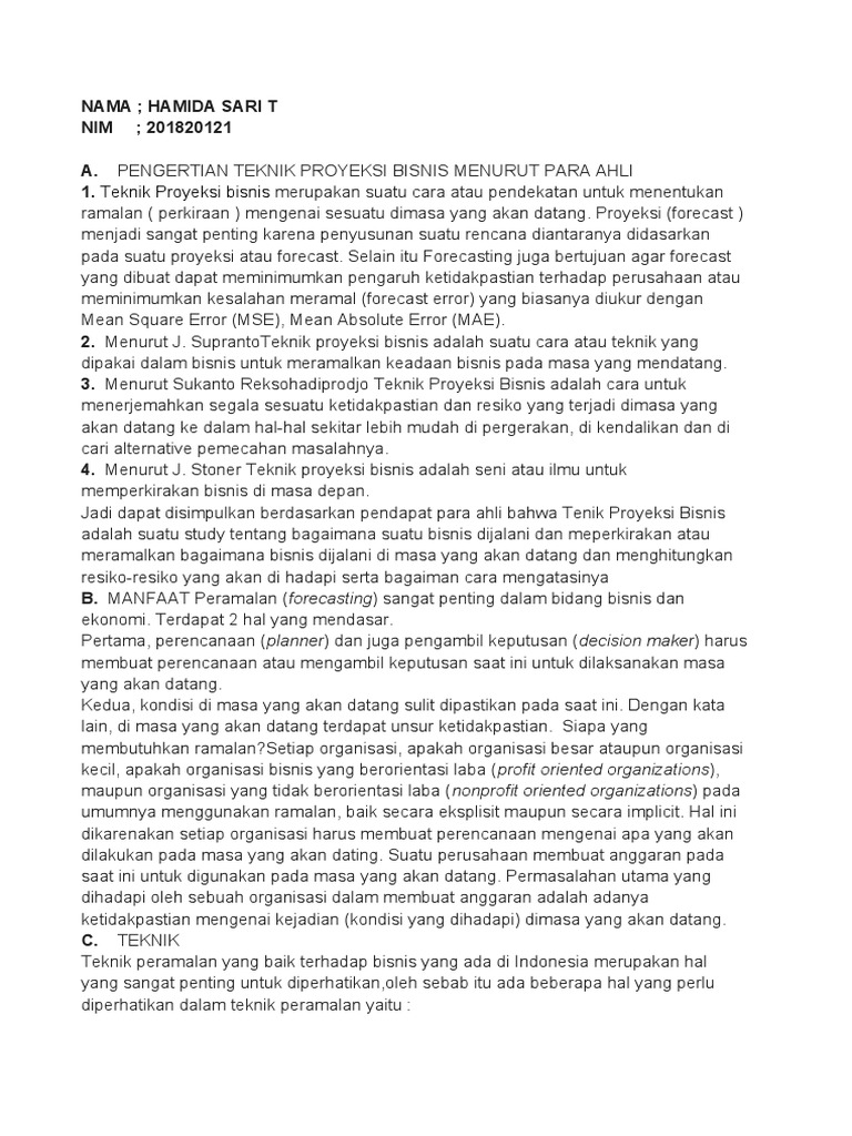 Tugas 1 Teknik Proyeksi Bisnis | PDF | Bisnis | Pengelolaan Keuangan & Uang