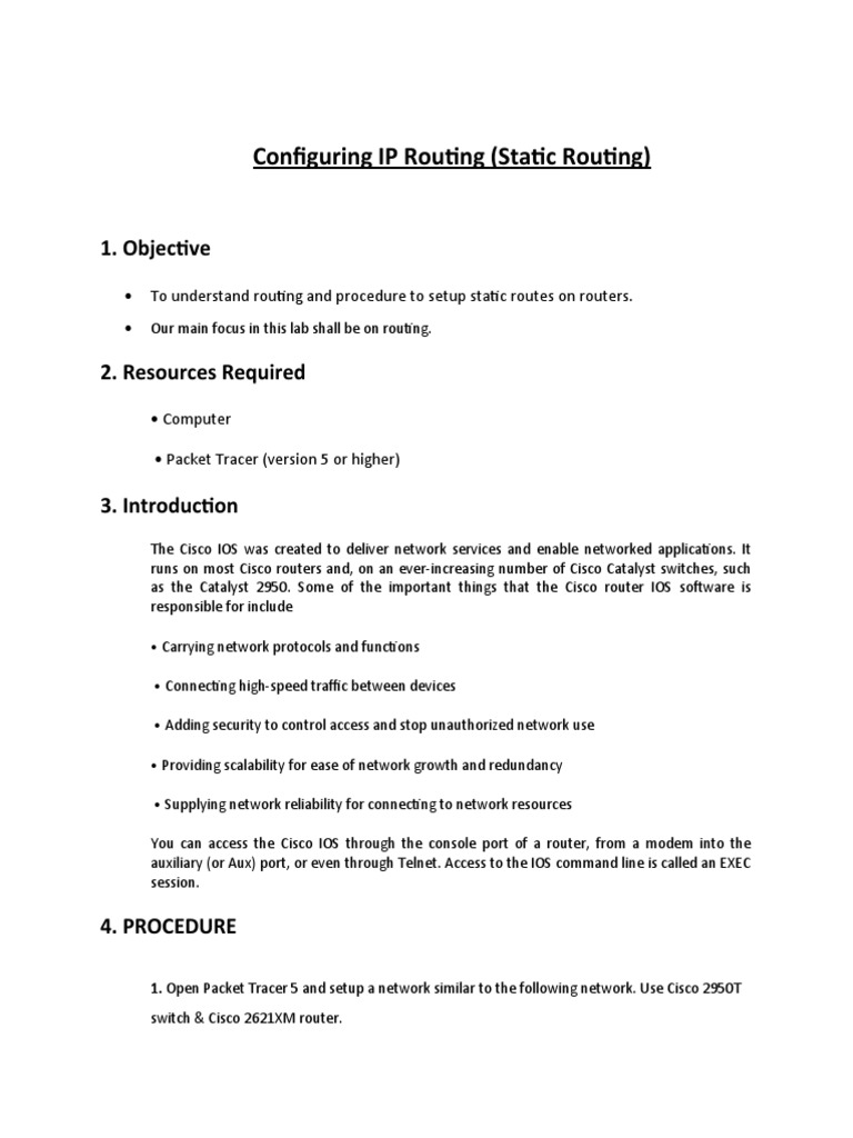 Configuring IP Routing (Static Routing) : 1. Objective | PDF | Router (Computing) | Computer Network