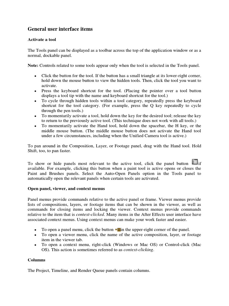 General User Interface Items in After Effects | PDF | Button (Computing) | Menu (Computing)