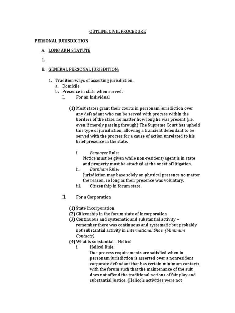 Outline Civil Procedure | PDF | Personal Jurisdiction | Minimum Contacts