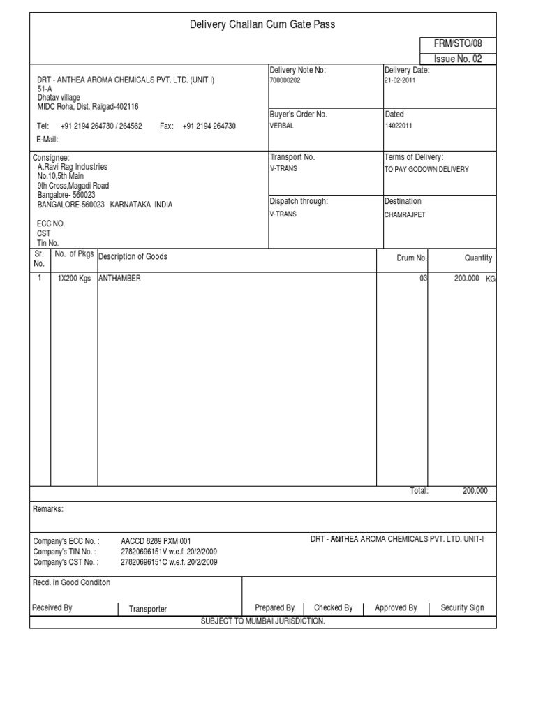 Delivery Challan Cum Gate Pass: DRT - Anthea Aroma Chemicals Pvt. Ltd ...