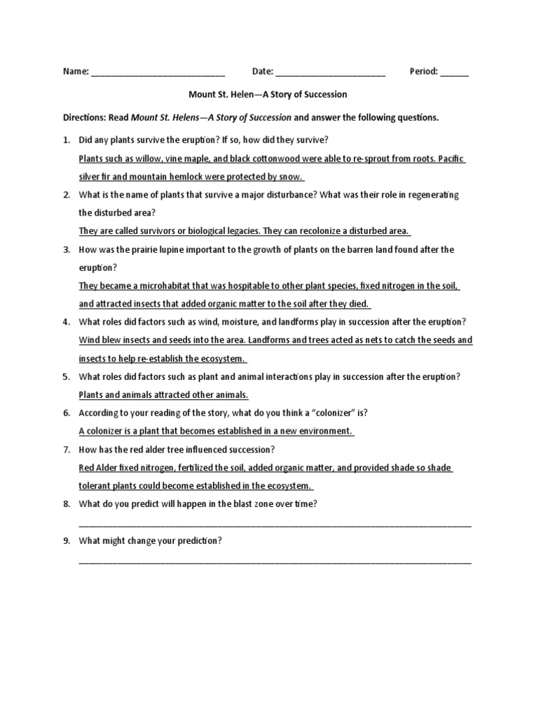 Mt. St. Helens Succession KEY | PDF