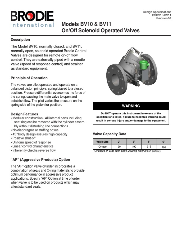 Models BV10 & BV11 On/Off Solenoid Operated Valves: Description | PDF ...