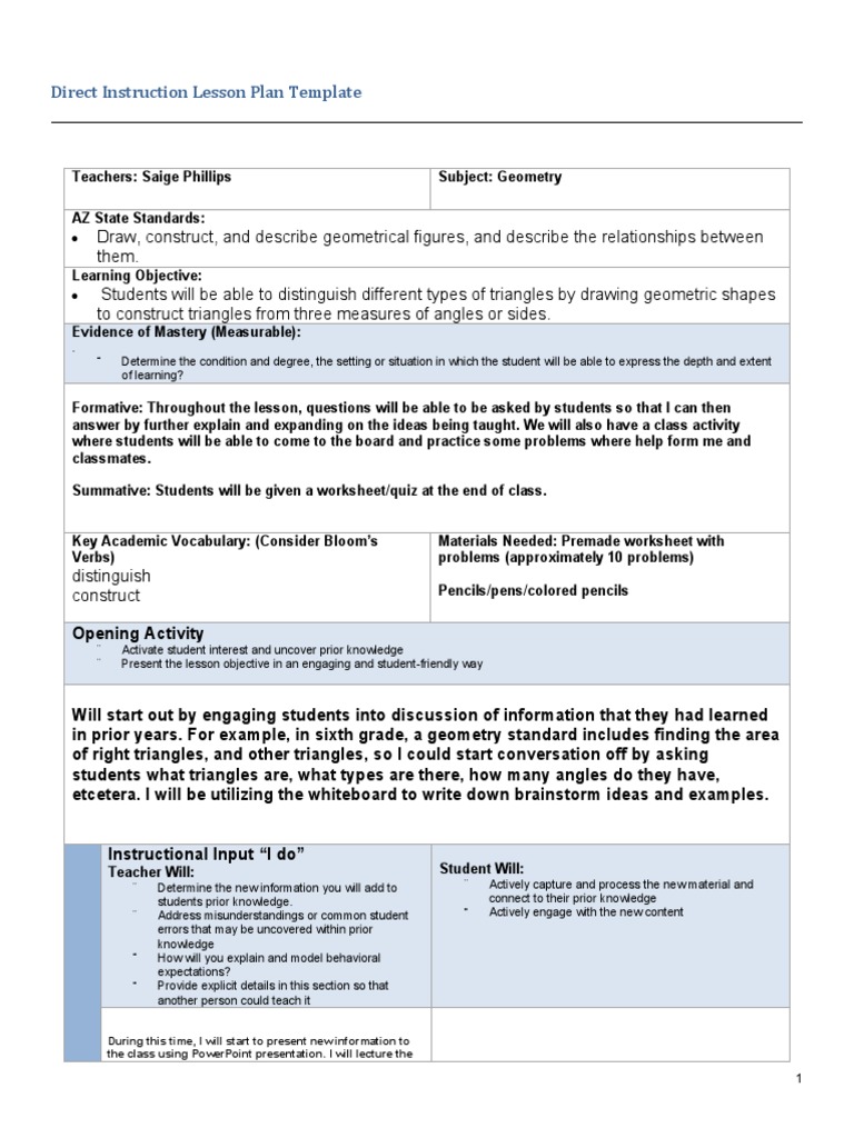 Direct Instruction Lesson Plan 1 | PDF | Lesson Plan | Educational ...