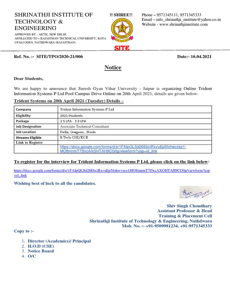 Shrinathji Institute of Technology & Engineering: Notice | PDF